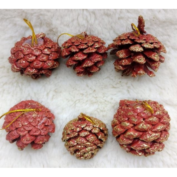 Enfeite Natalino Pinha Vermelha com Dourado c/6 - Natal - Felix Fantasias